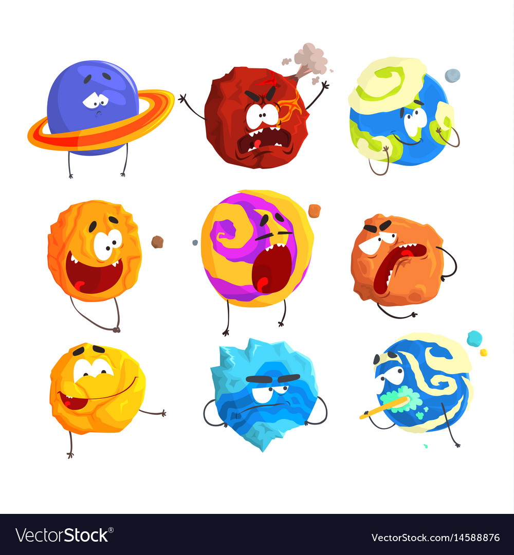 Colorful cartoon planets with funny faces and Vector Image