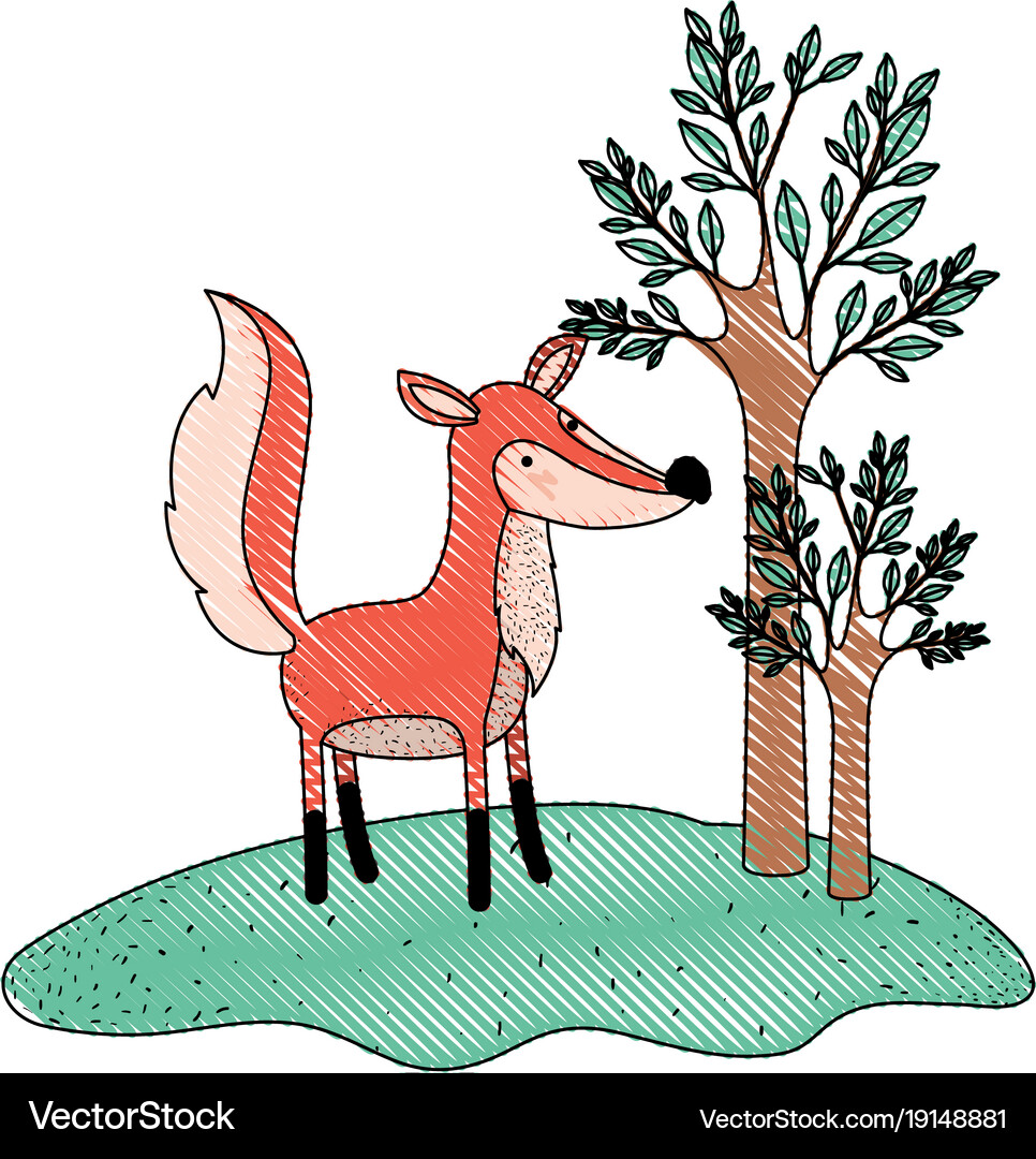 Fox cartoon in forest next to trees in colored Vector Image