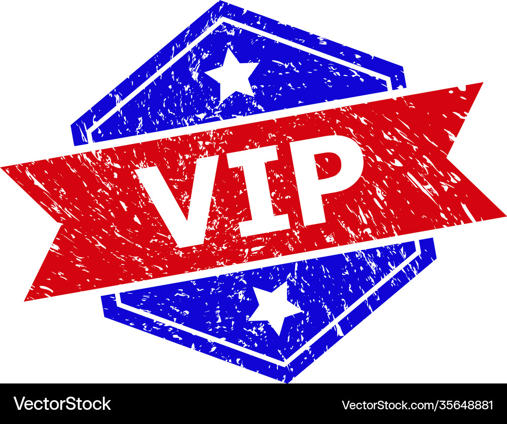 Hexagon bicolor vip stamp with distress surface Vector Image