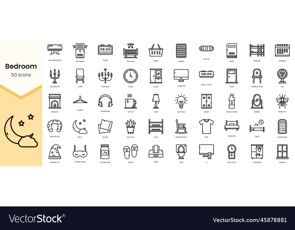 Simple outline set of bedroom icons linear style Vector Image