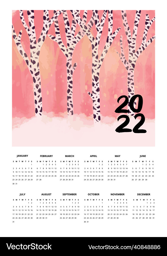 2022 one page pink trees calendar Royalty Free Vector Image