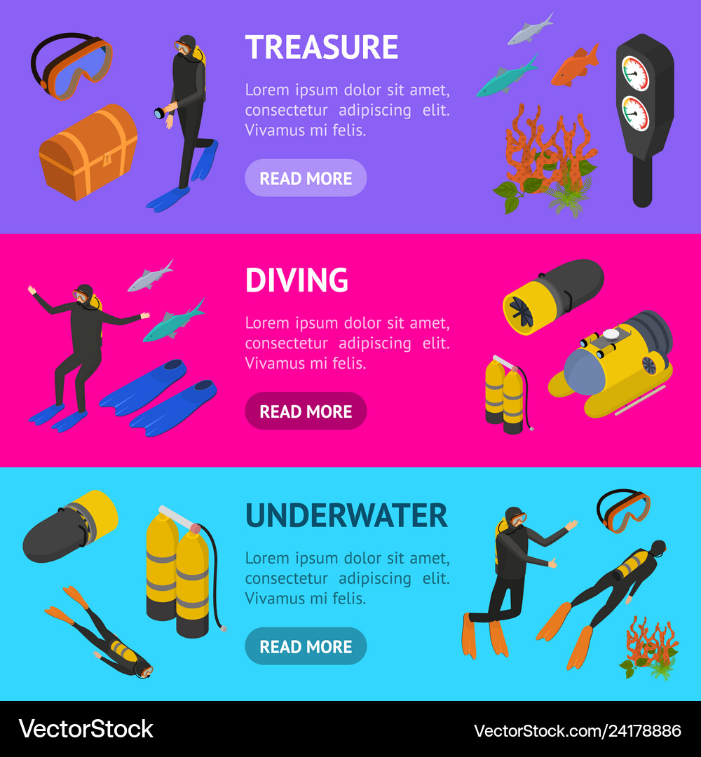 Scuba diving signs 3d banner horizontal set Vector Image
