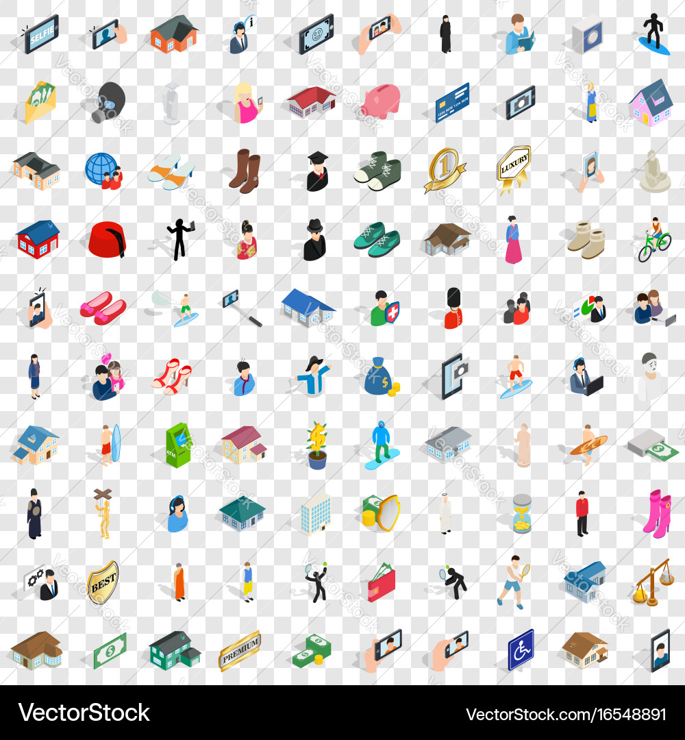 100 couple icons set isometric 3d style Royalty Free Vector
