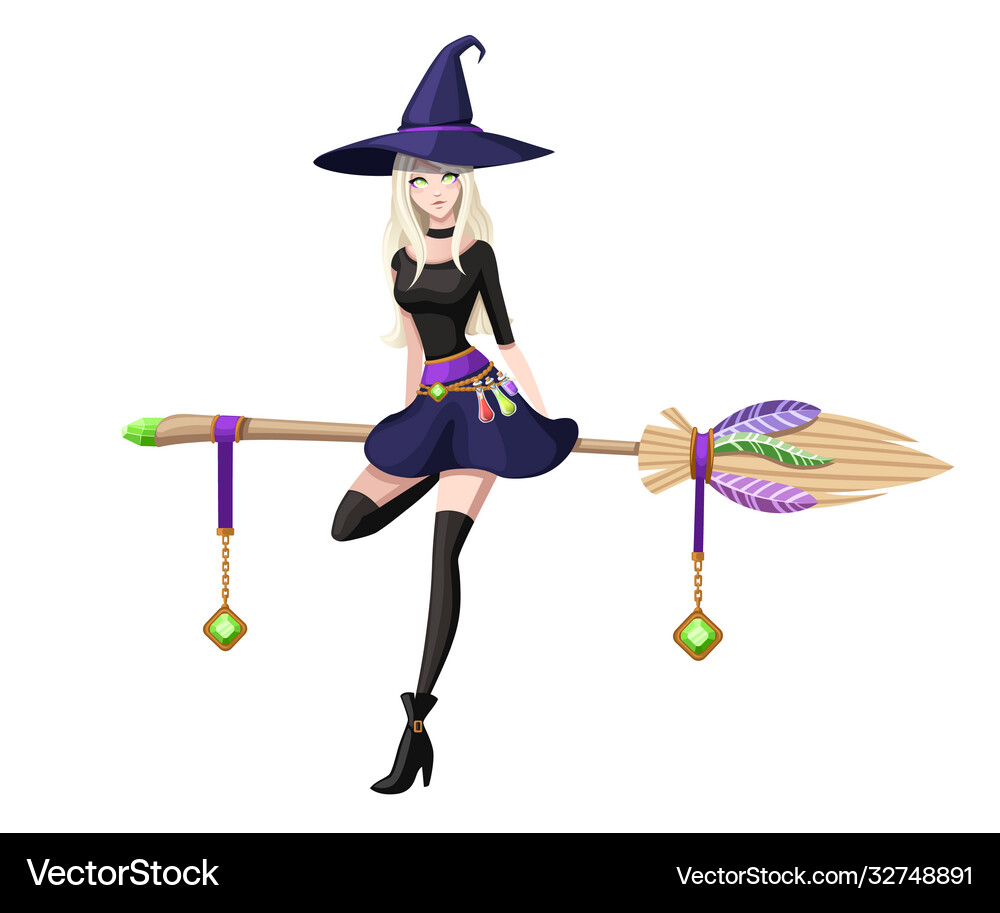 Cute blonde witch sit on flying broom Royalty Free Vector