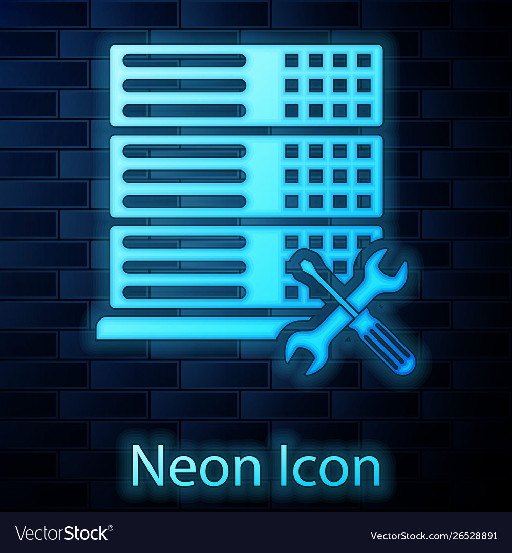 Glowing neon database server with screwdriver Vector Image
