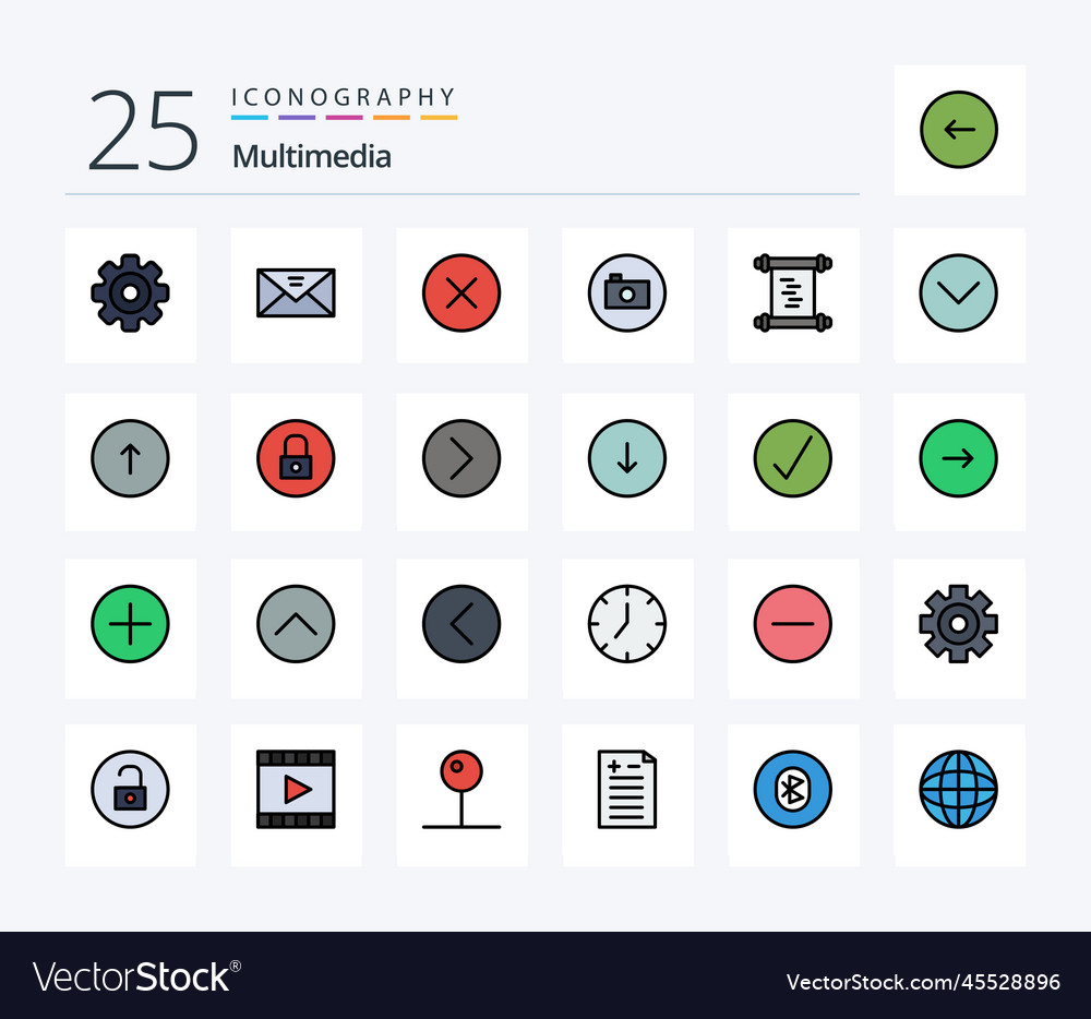 Multimedia 25 line filled icon pack including Vector Image