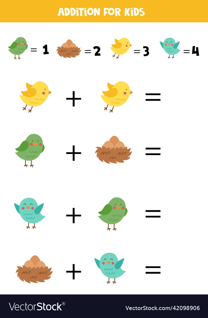 Addition for kids with different spring birds Vector Image