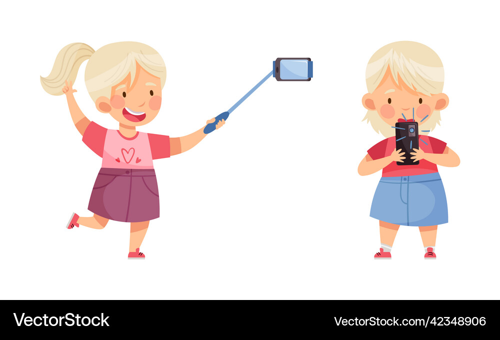 Cute kids taking photo using smartphone cartoon Vector Image