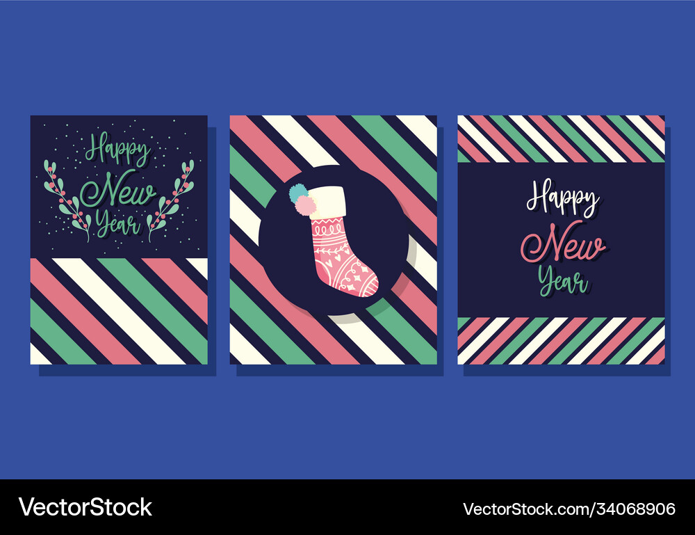 Happy new year set greeting cards stocking Vector Image
