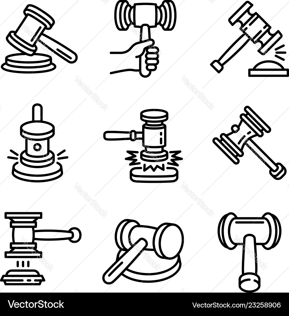Judge hammer icon set outline style Royalty Free Vector