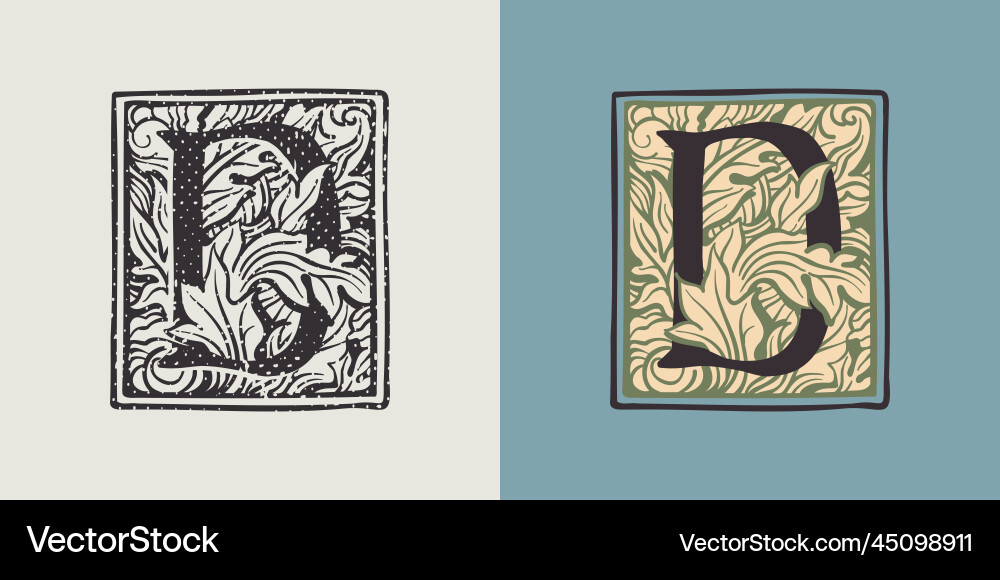 D letter drop cap logo in engraved medieval style Vector Image