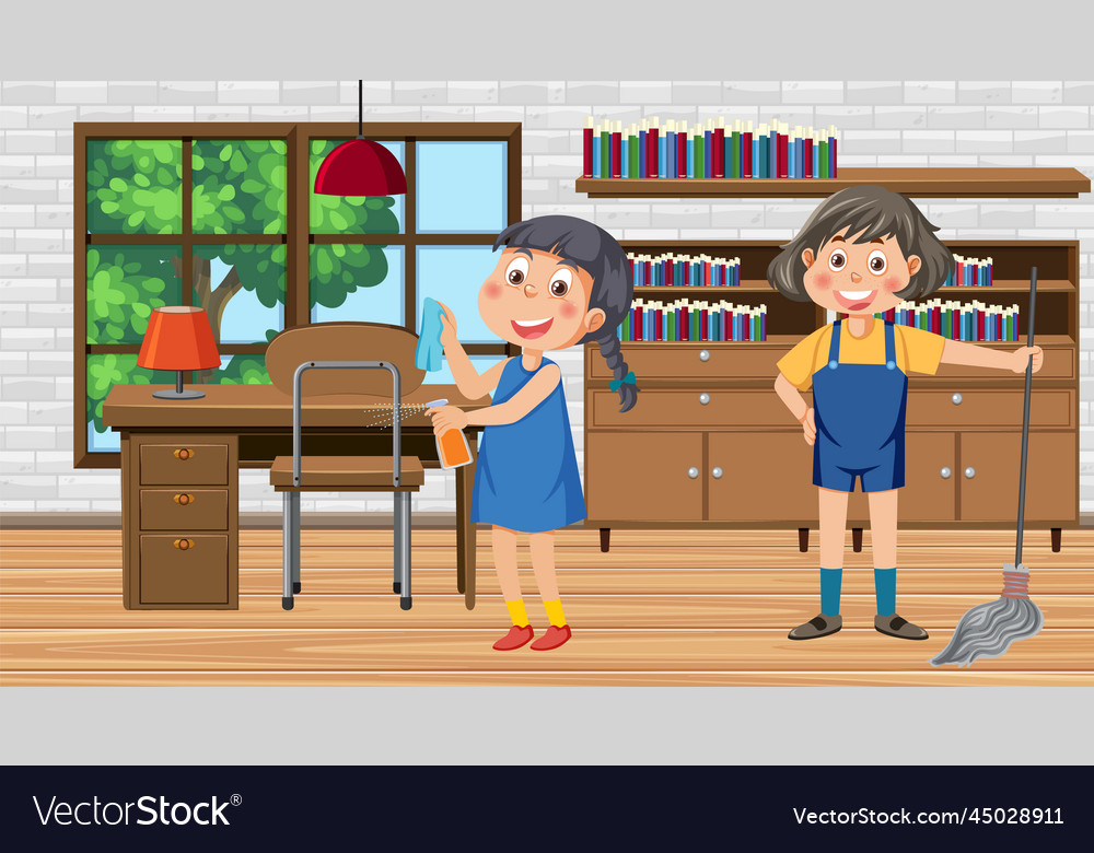 Kids cleaning room together Royalty Free Vector Image
