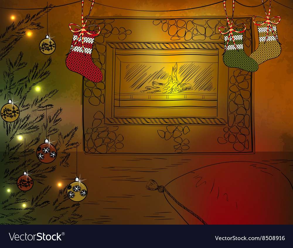 Cozy christmas sketch with a fire place Royalty Free Vector