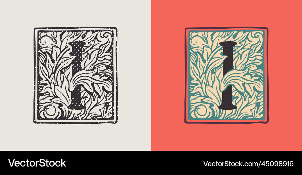 I letter drop cap logo in engraved medieval style Vector Image