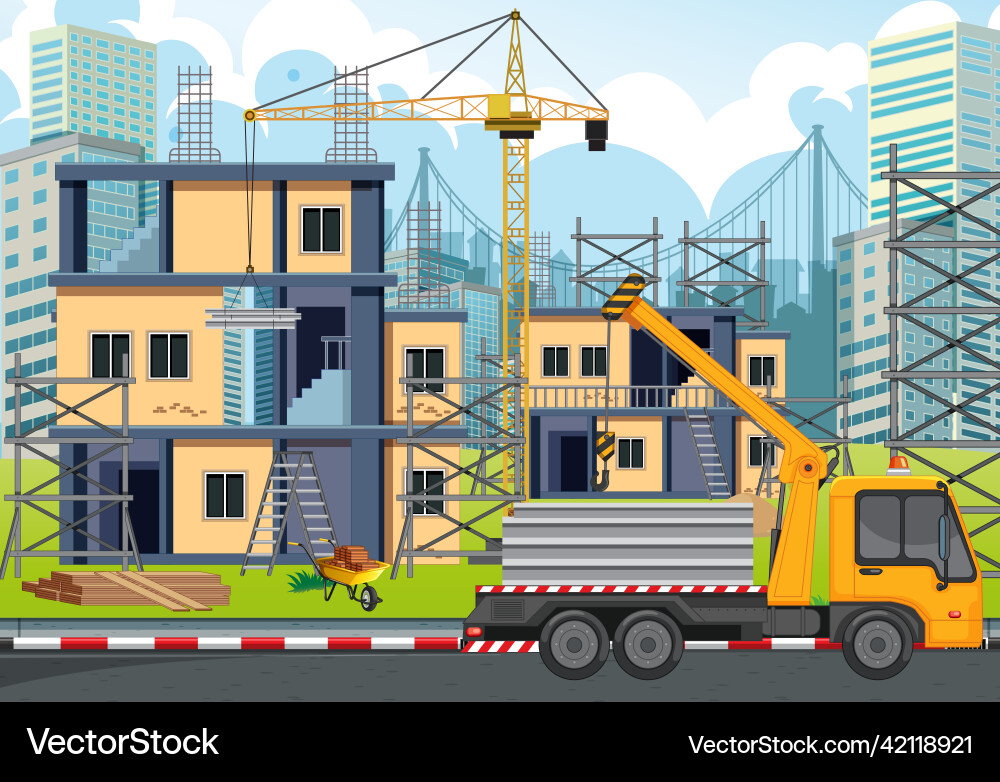 Cartoon scene of building construction site Vector Image