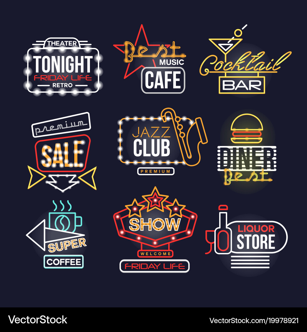 Colorful glowing neon signboards set retro light Vector Image