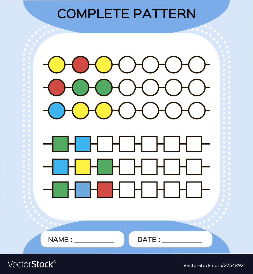 Complete repeating patterns worksheet for Vector Image