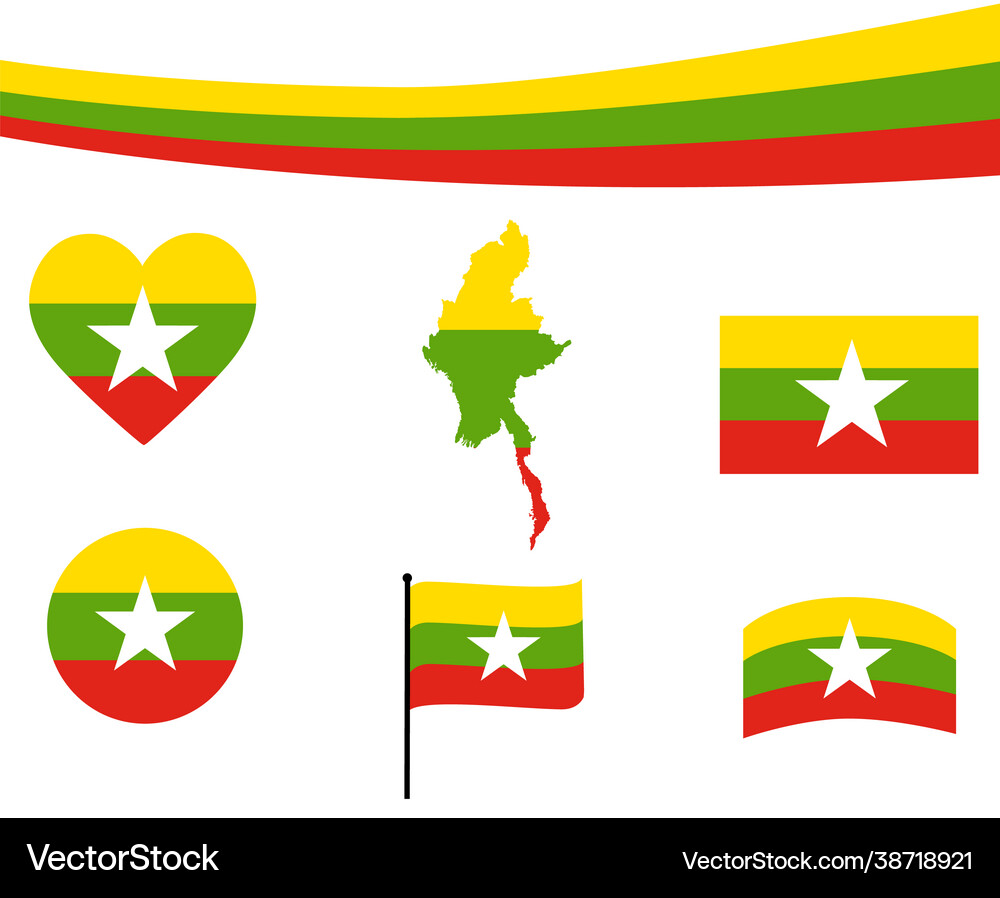 Myanmar flag map ribbon and heart icon sign Vector Image