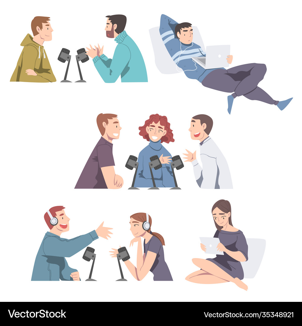 People talking to microphones recording podcast Vector Image