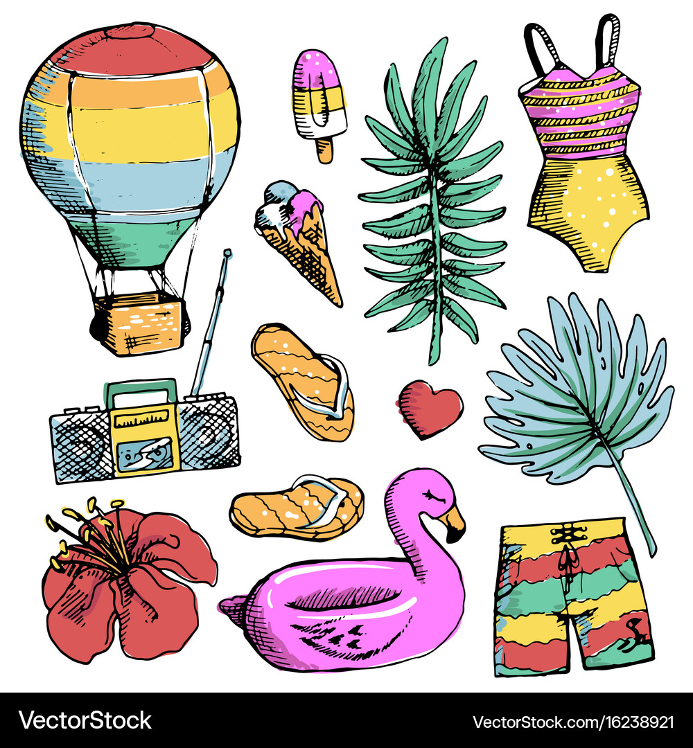 Set of bright summer doodle sticker hand draw Vector Image