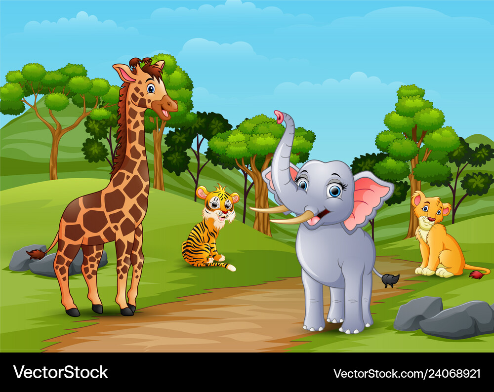Wild animal cartoon playing in jungle Royalty Free Vector