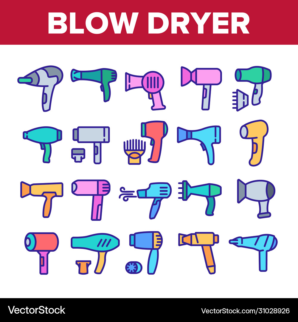 Blow dryer device collection icons set Royalty Free Vector