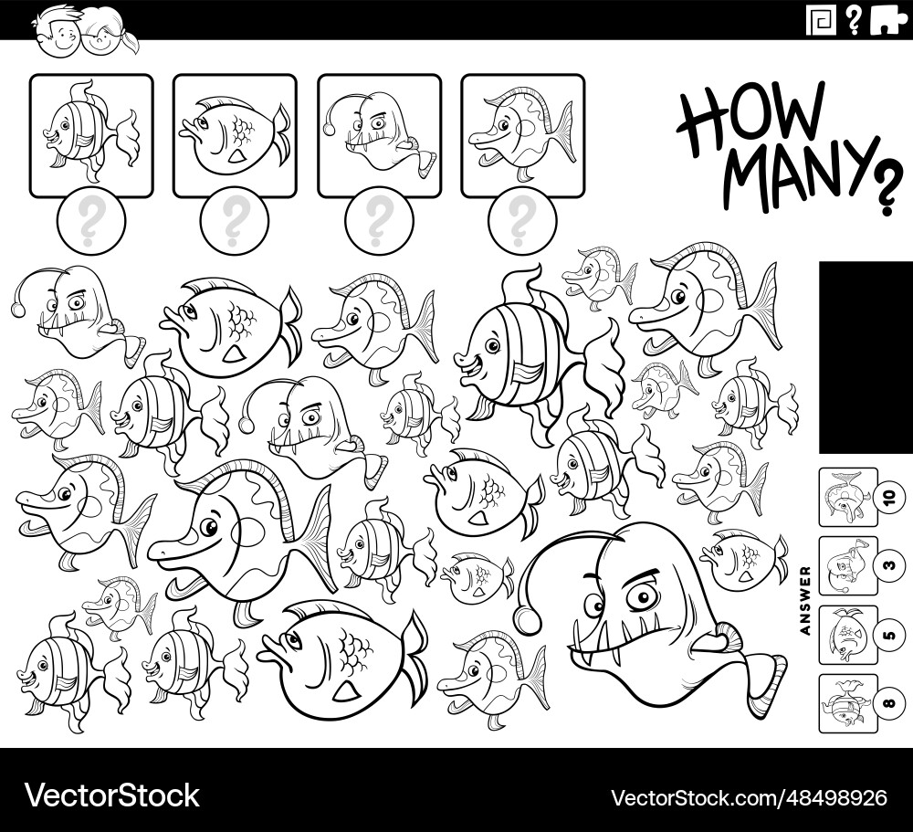 How many cartoon fish counting game coloring page Vector Image