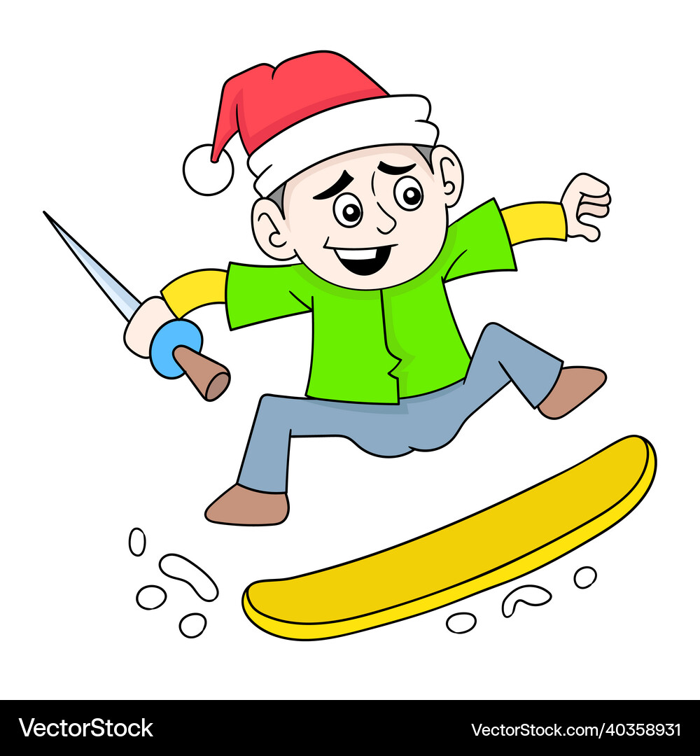 Boy is snowboarding celebrating christmas doodle Vector Image