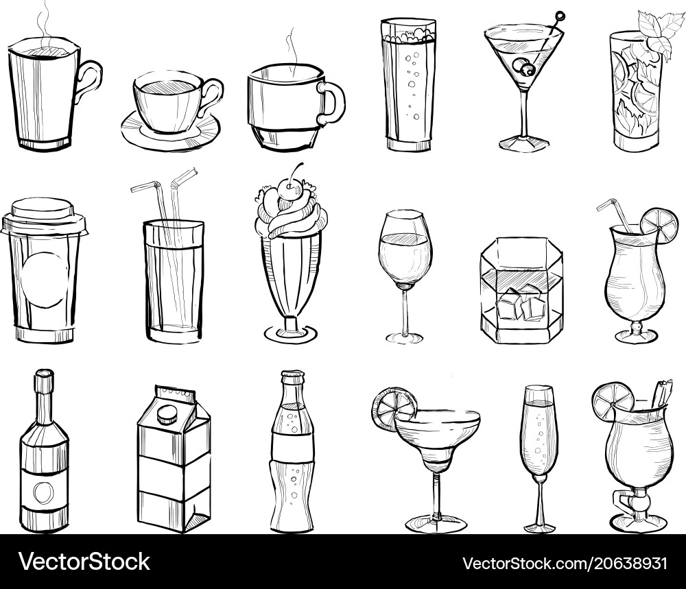 Hand drawn drinks and alcoholic cocktails big set Vector Image