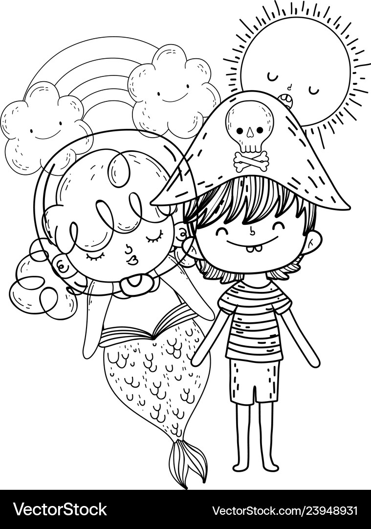 Little pirate with mermaid in clouds Royalty Free Vector