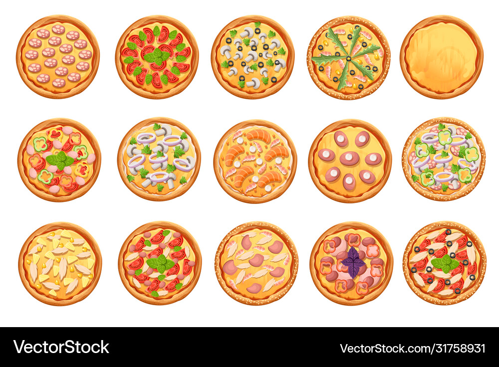 Set flat pizza icons isolated on white Royalty Free Vector