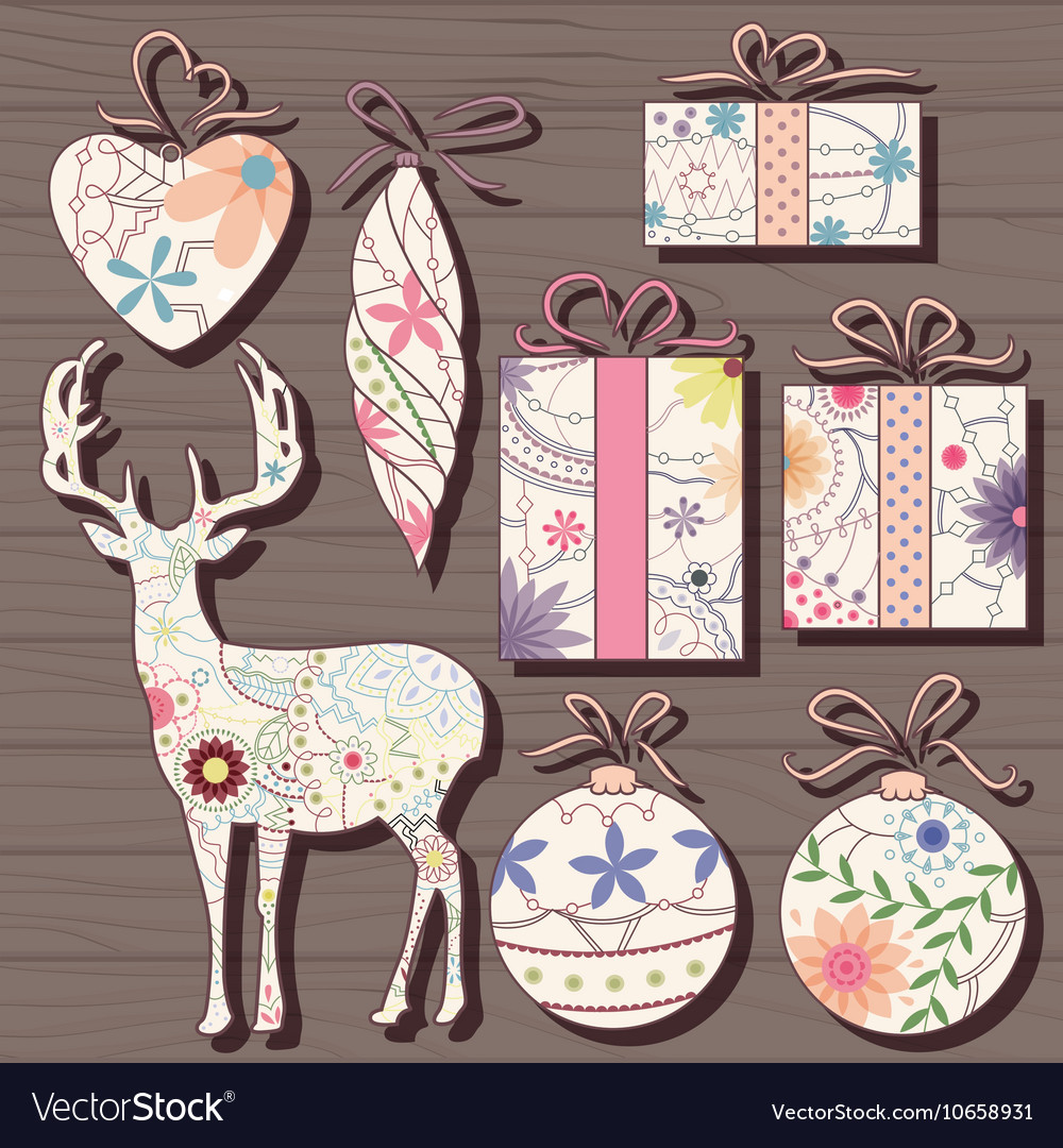 Vintage christmas set on wooden background Vector Image