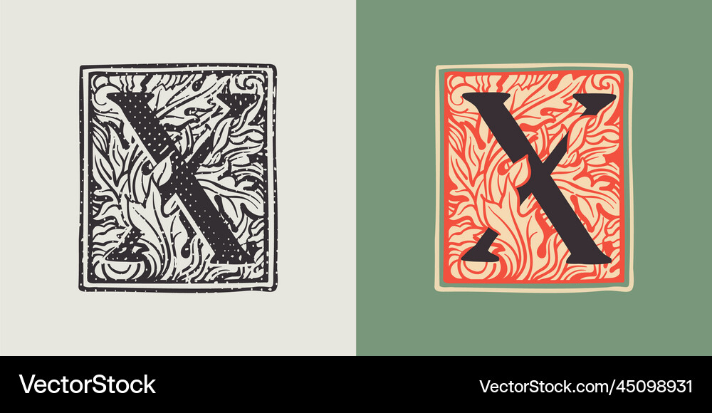 X letter drop cap logo in engraved medieval style Vector Image