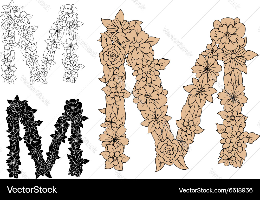 Capital letter M with blooming flowers Royalty Free Vector