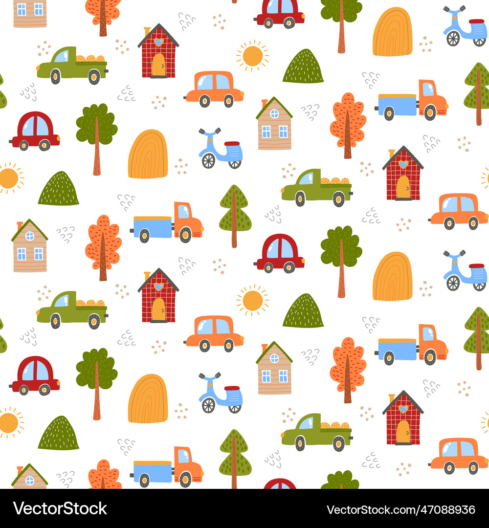 Cute cars trees childish seamless pattern Vector Image