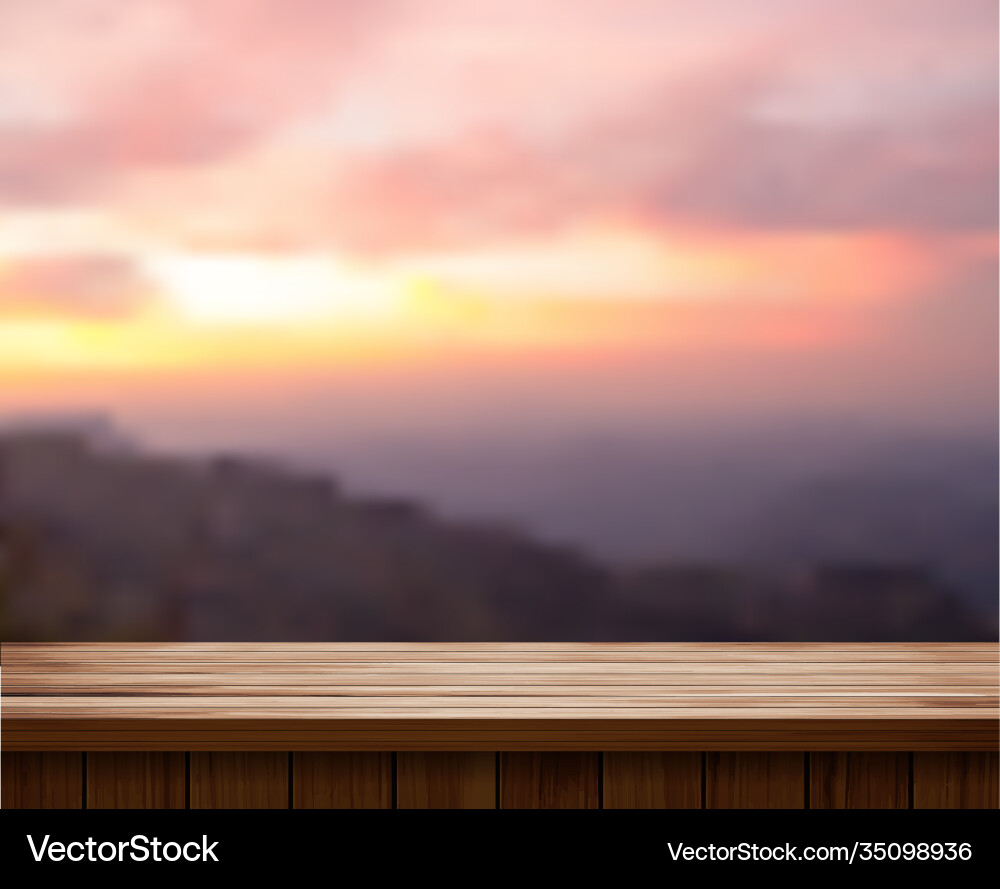 Wood table top and blurred mountain landscape Vector Image