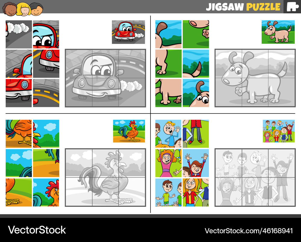 Jigsaw puzzle game set with cartoon characters Vector Image