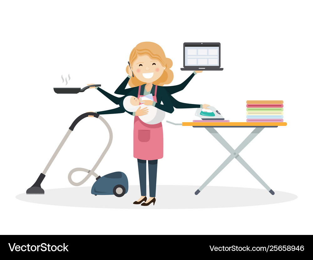 Busy mom smiiling with baat home Royalty Free Vector Image