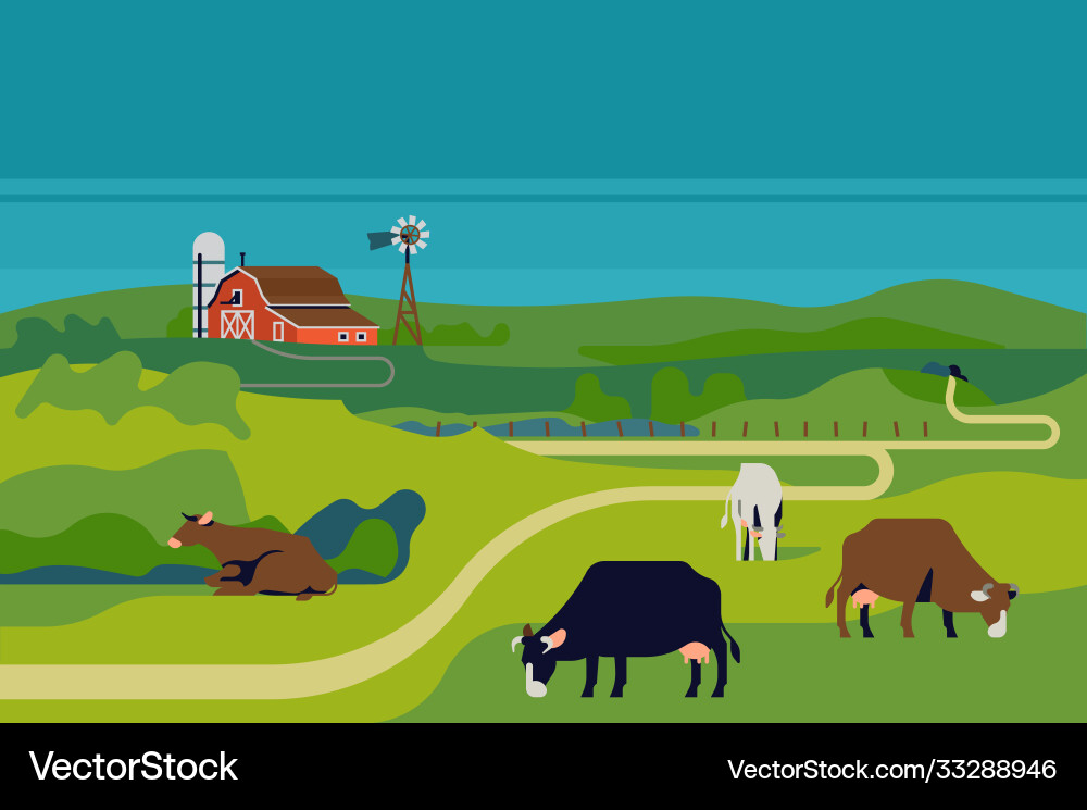 Peaceful rural cattle farm landscape Royalty Free Vector