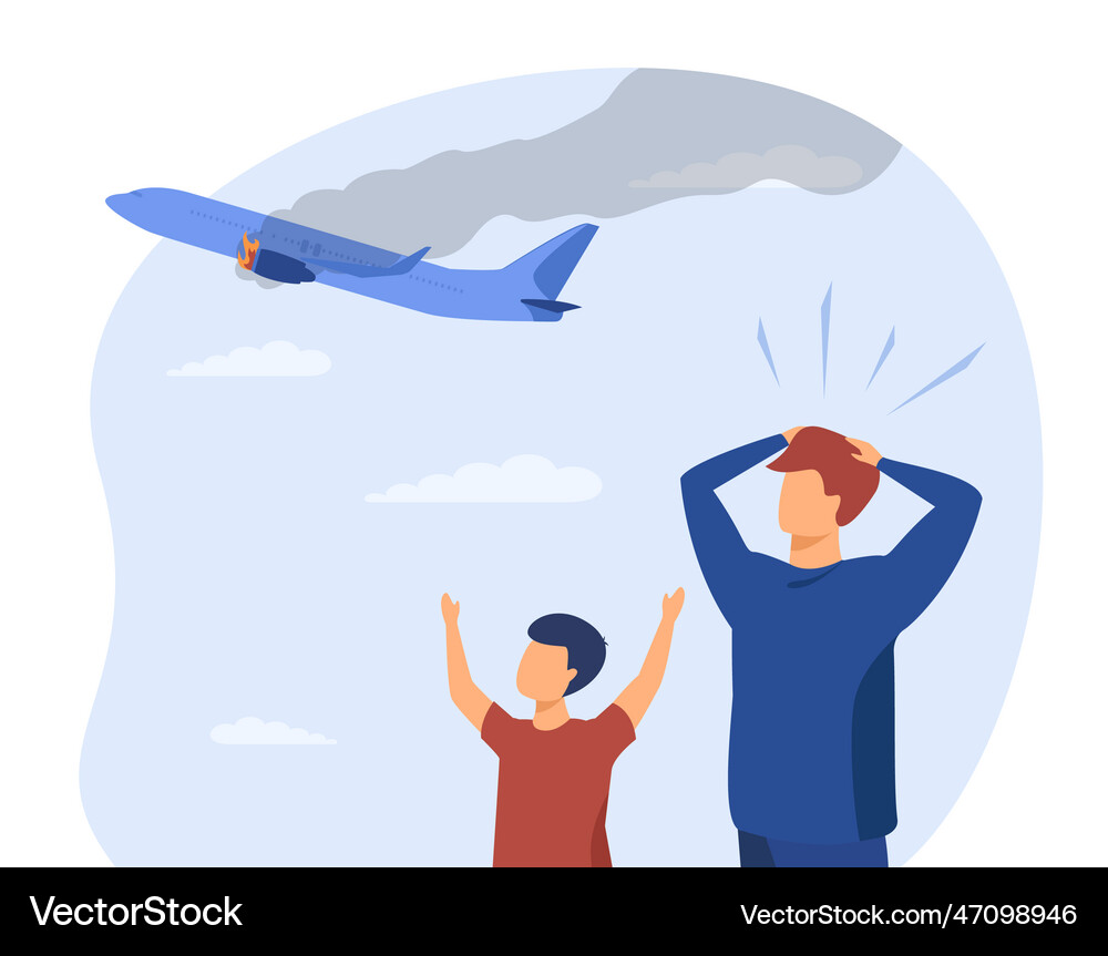 Scared dad and son looking at damaged plane in sky