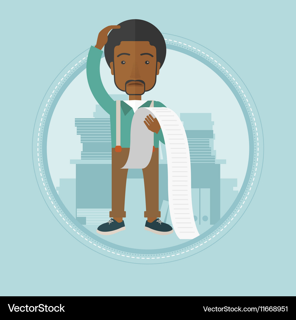 Businessman holding long bill Royalty Free Vector Image