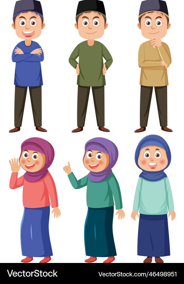 Diverse muslim cartoon characters set Royalty Free Vector