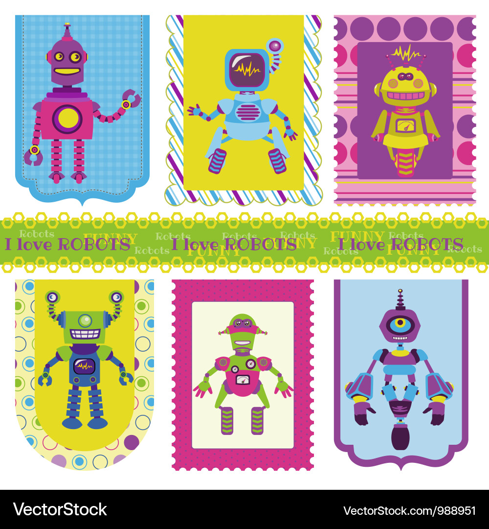 Set of tags - cute little robots Royalty Free Vector Image