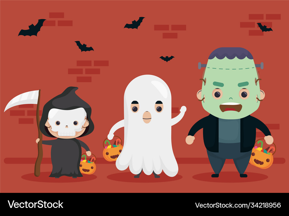 Happy halloween frankenstein and death with ghost Vector Image