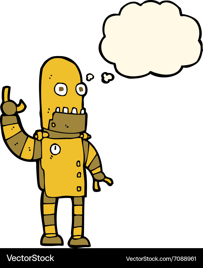 Cartoon waving gold robot with thought bubble Vector Image