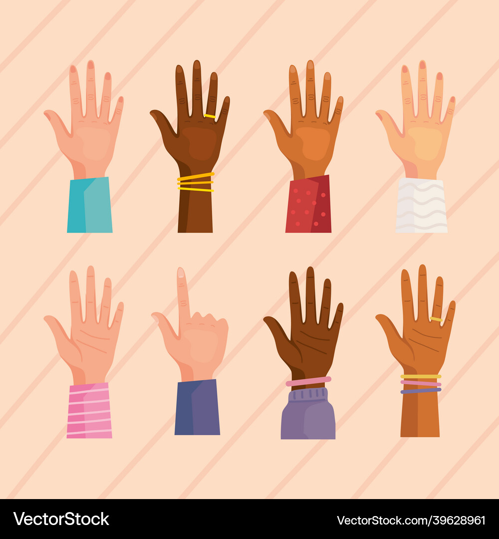 Eight cross cultural hands Royalty Free Vector Image