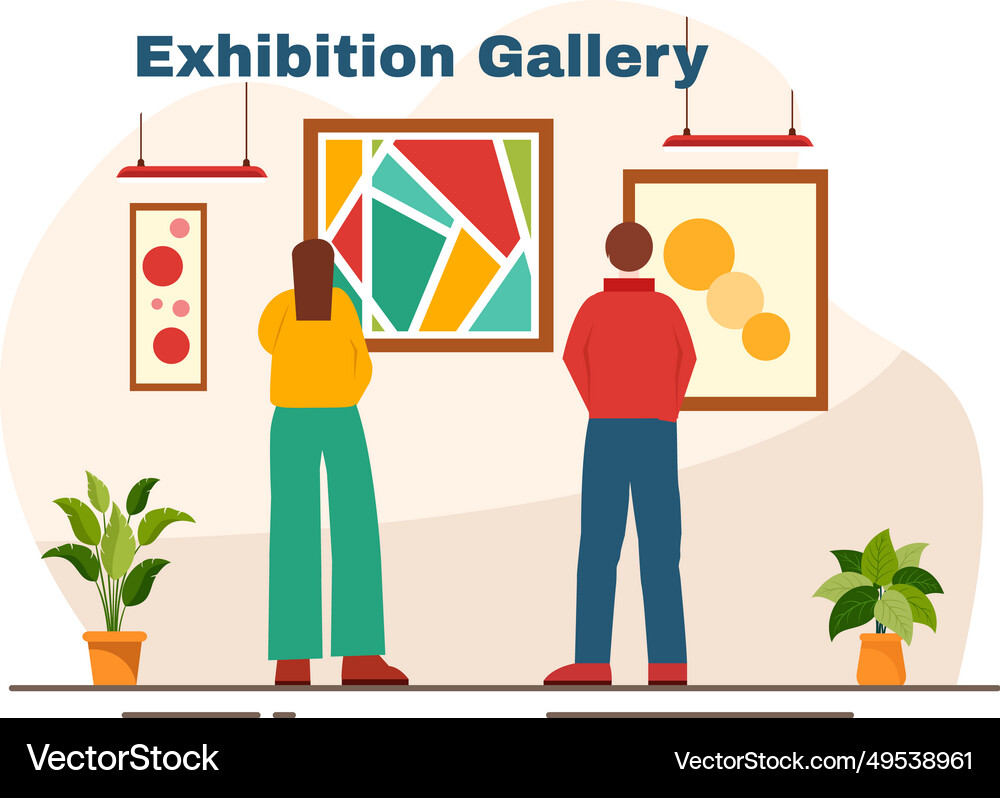 Exhibition visitors viewing a gallery with modern Vector Image