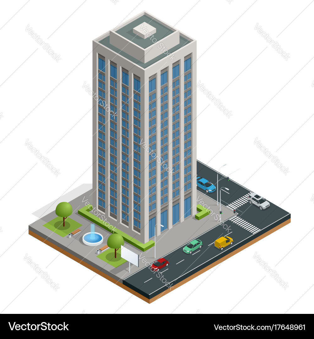 Isometric city houses composition with building Vector Image