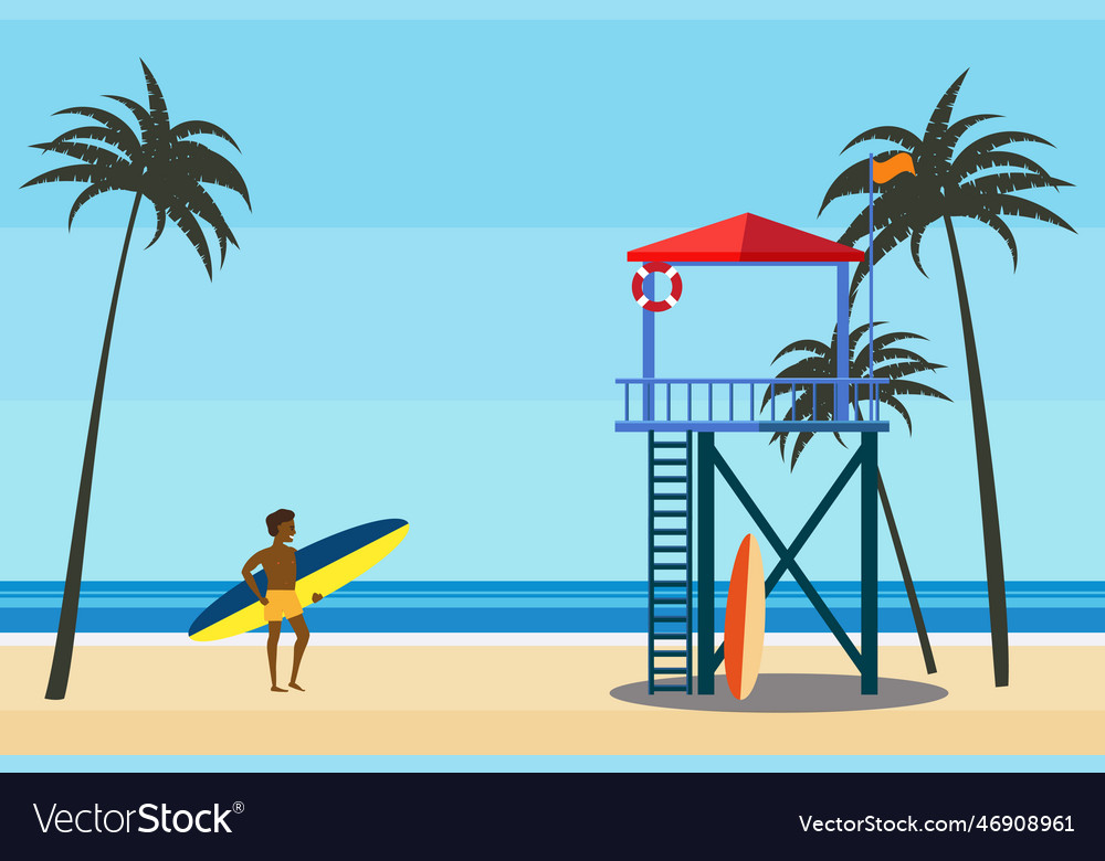 Lifeguard station on the beach palms surfer Vector Image