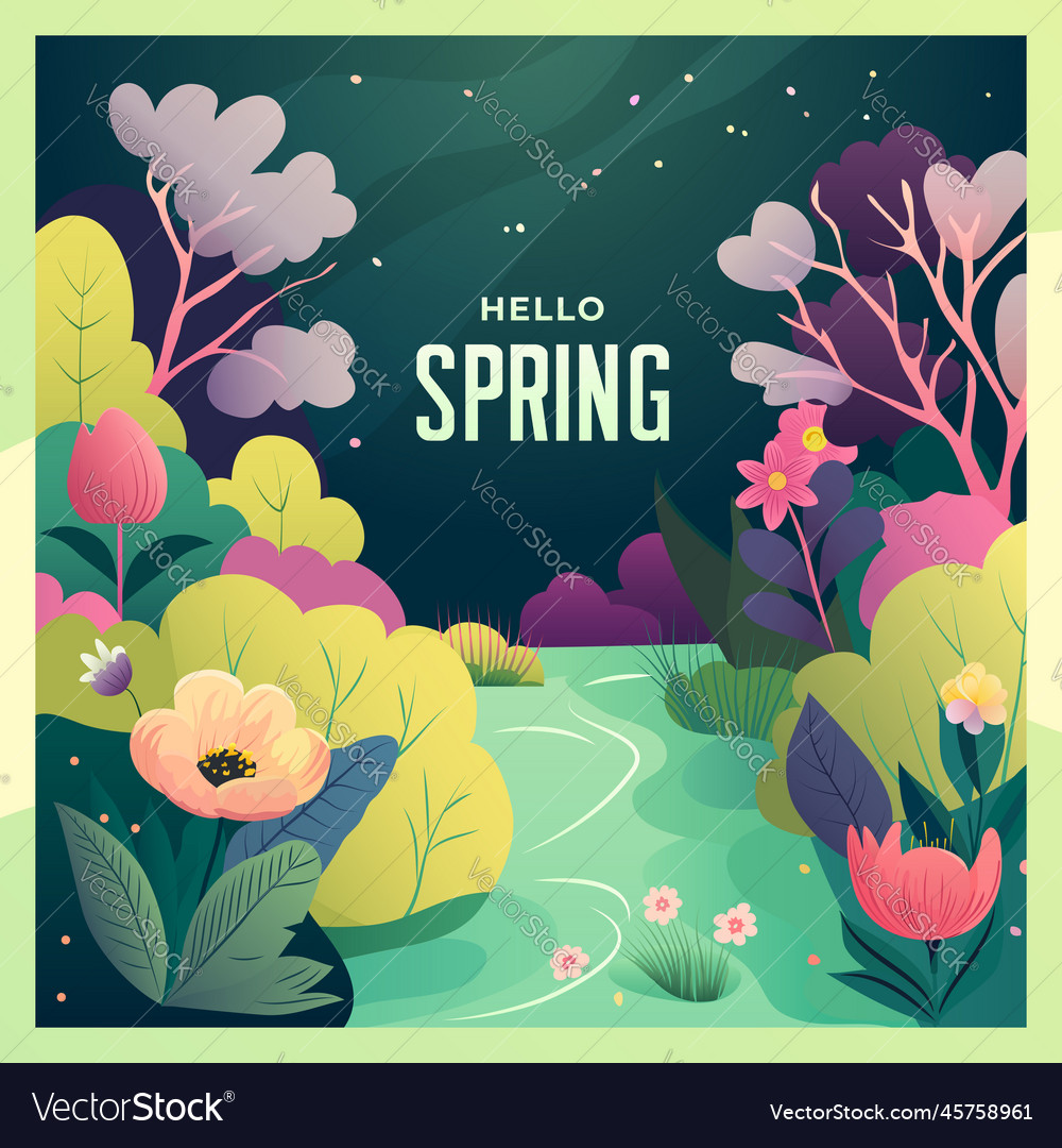 Spring poster with flowers plants and river Vector Image
